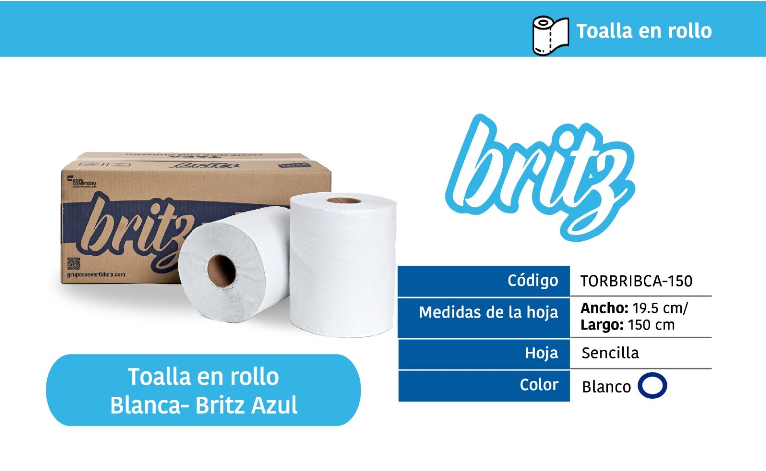 Toalla En Rollo Blanca Britz Azul. – Convertidora de Papel